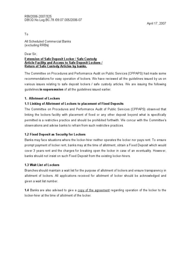 Rbi Locker Policy | Concurrent Estate | Deposit Account