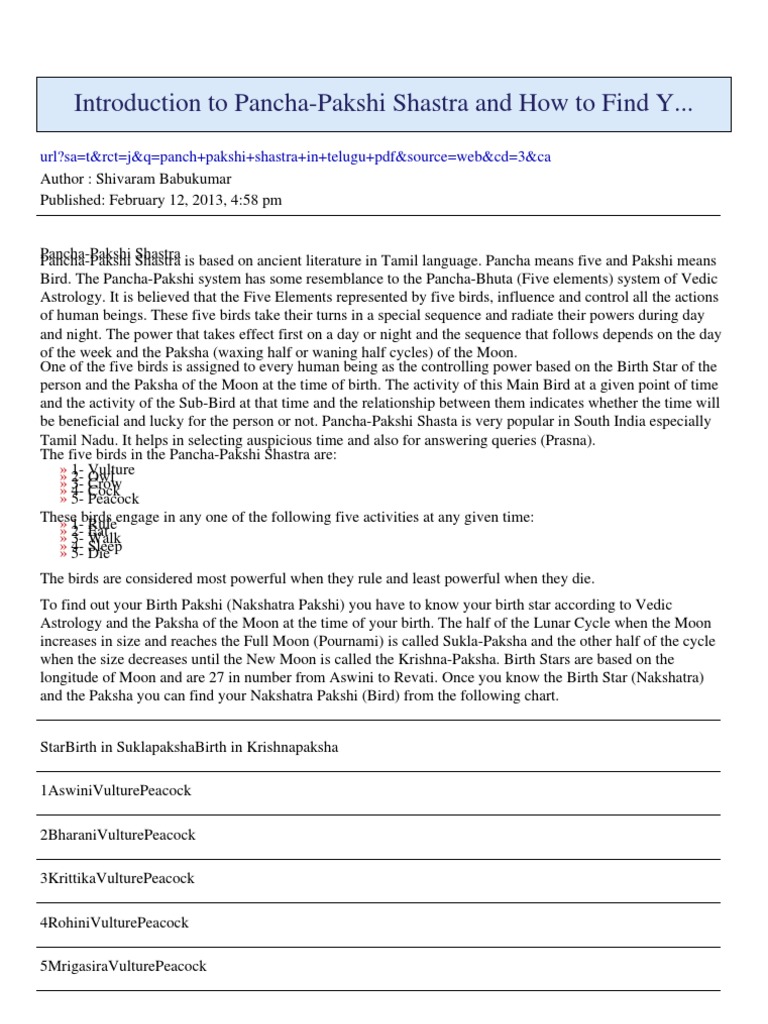 Introduction To Pancha Pakshi Shastra and How To Find Your Bird | PDF ...