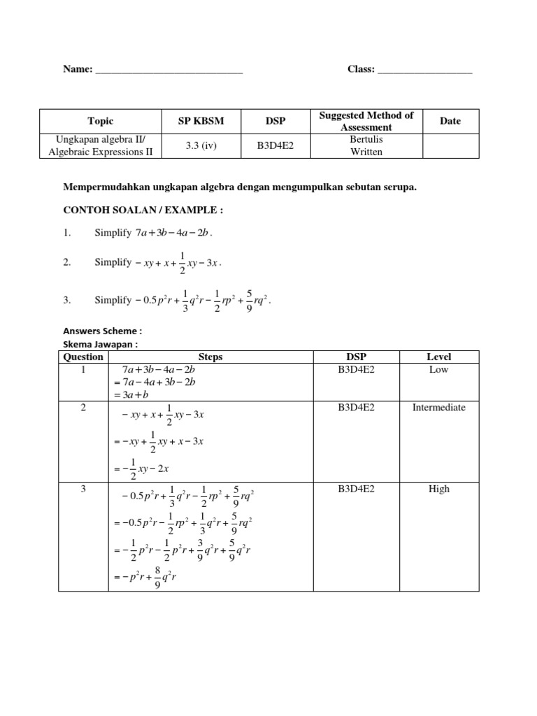 Latihan Ungkapan Algebra Tingkatan 3 | PDF