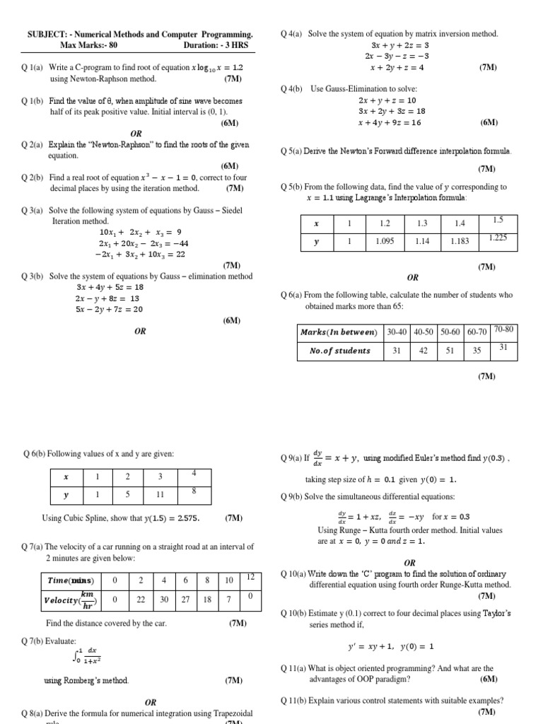 SUBJECT: - Numerical Methods and Computer Programming. Max Marks:-80 Duration: - 3 HRS | PDF ...