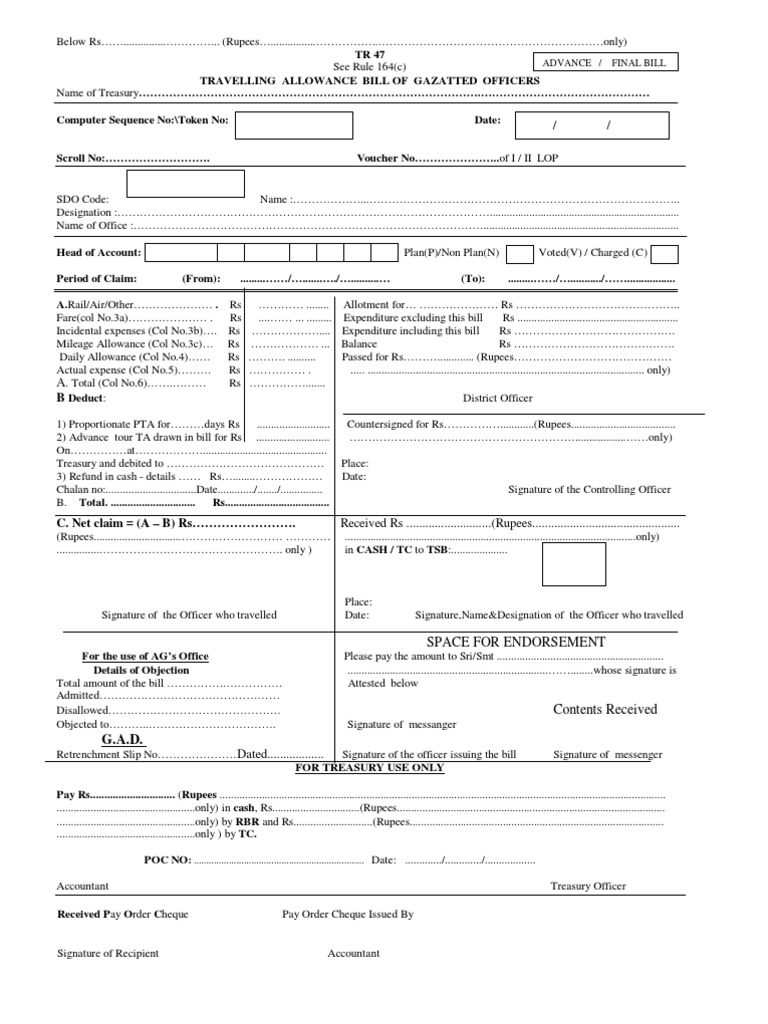 Formtr.47 - Travelling Allowance Bill of Gazatted Officers | PDF ...