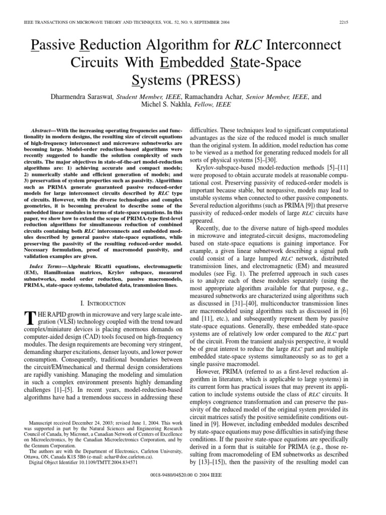 Passive Reduction Algorithm For Rlc Interconnect Circuits With Embedded State Space Systems