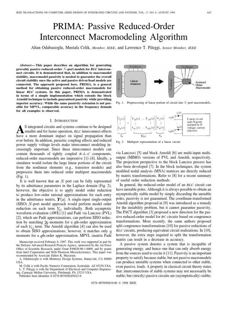 Prima Passive Reduced Order Interconnect Macromodeling Algorithm | PDF