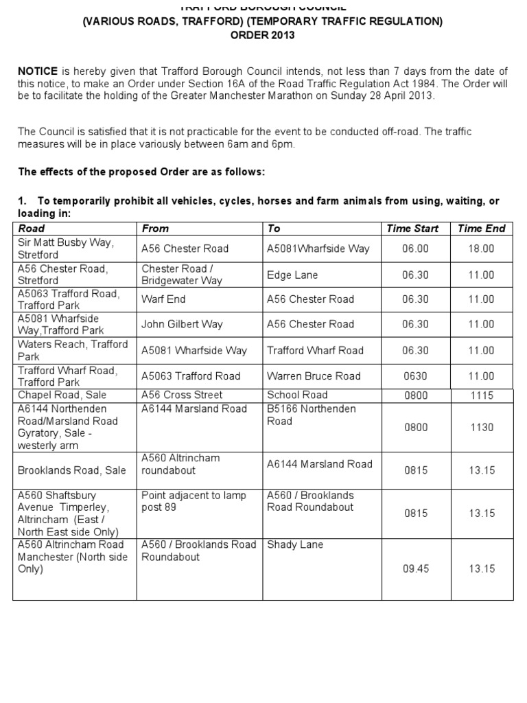Trafford Traffic Order | PDF | Road Transport | Transport Infrastructure