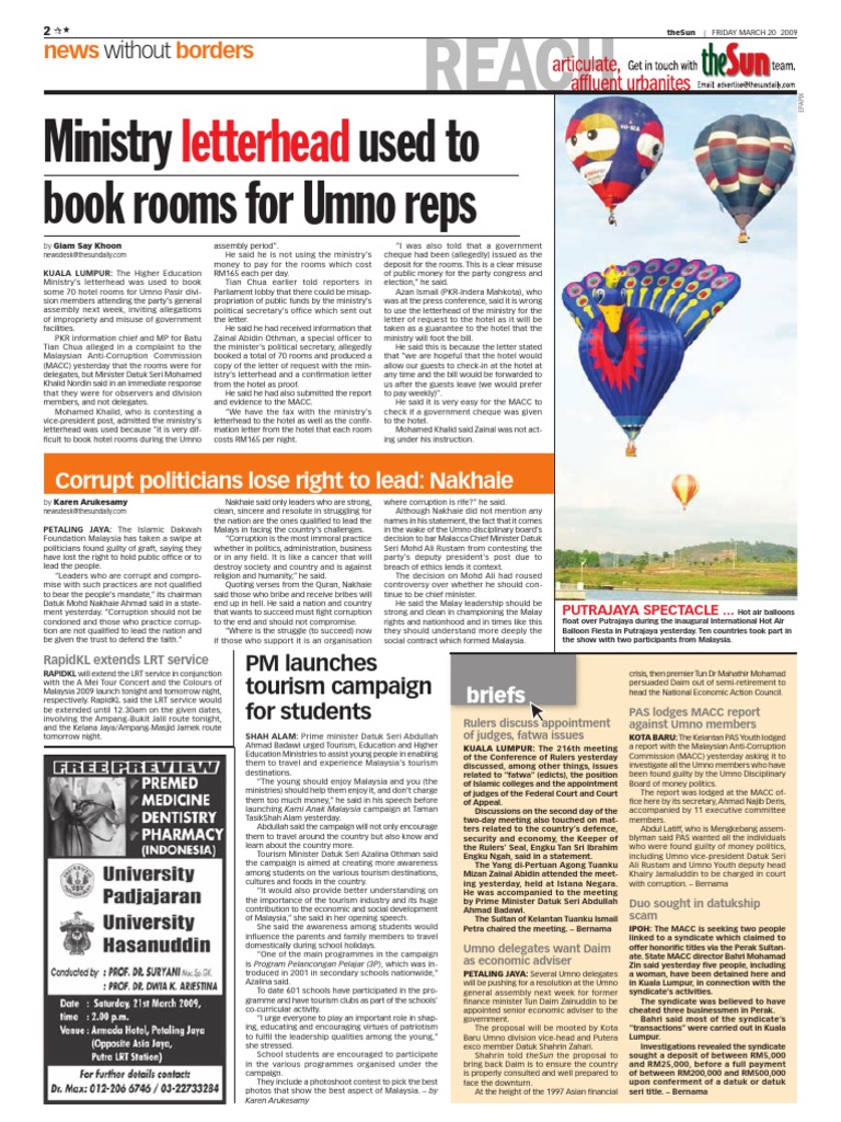 TheSun 2009-03-20 Page02 Ministry Letterhead Used To Book Rooms For ...