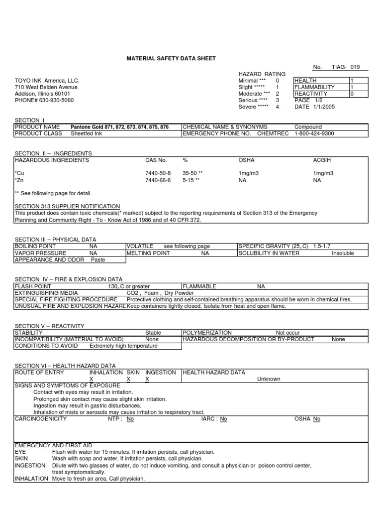 MSDS Gold Sheetfed Ink | PDF | Materials | Chemical Substances