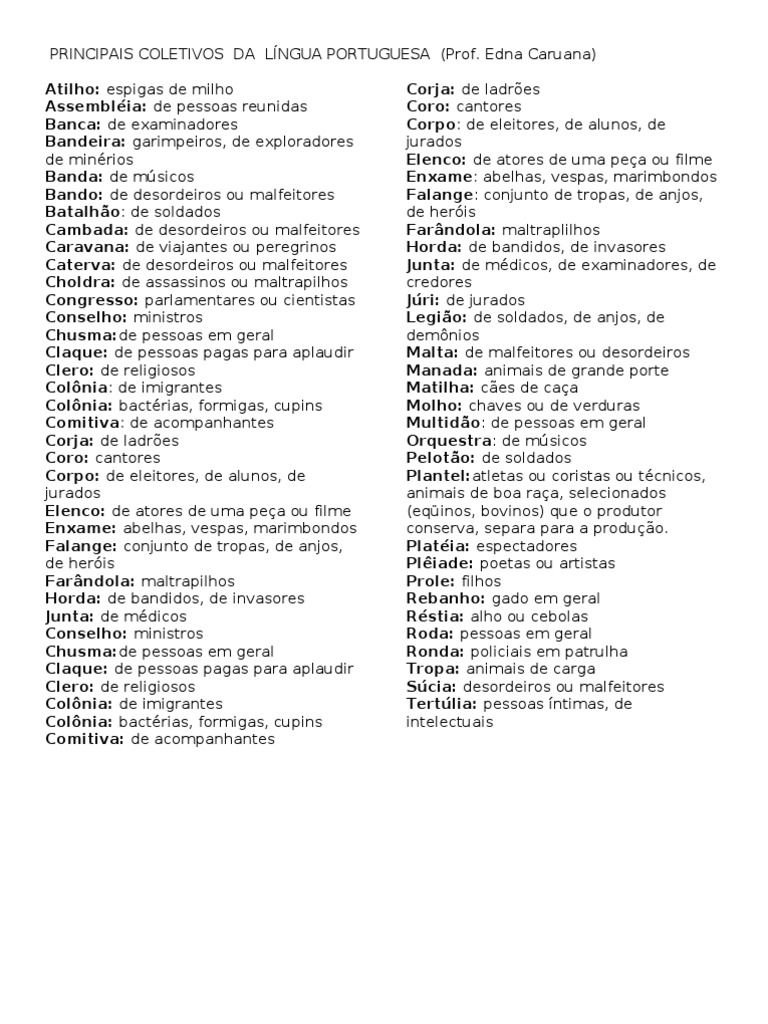 PRINCIPAIS COLETIVOS DA LÍNGUA PORTUGUESA