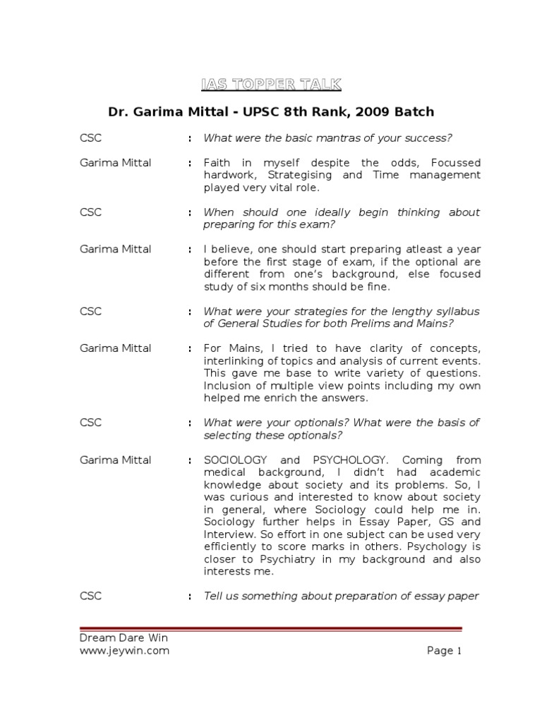 IAS Toppers Talk Dr. Garima Mittal UPSC 8th Rank 2009 Batch | PDF ...