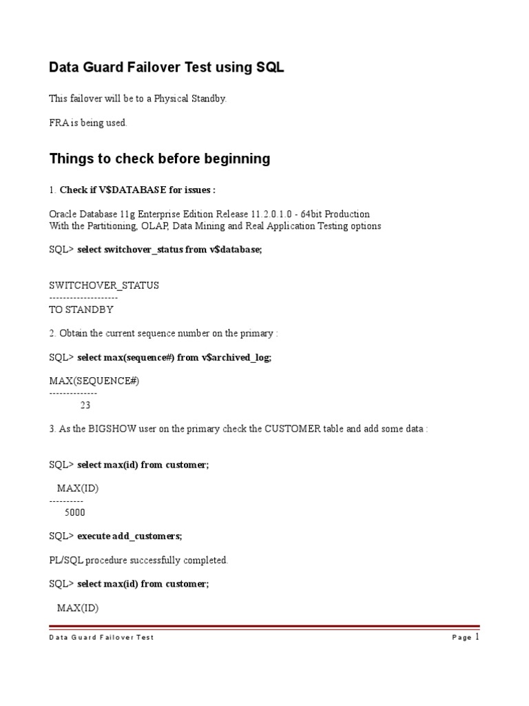 Data Guard Failover Test Using Sql Pdf Oracle Database Sql