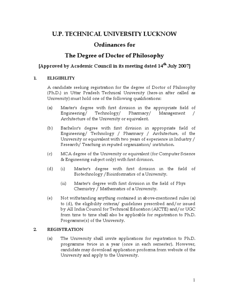 07 UPTU PH D Ordinance | PDF | Doctor Of Philosophy | Thesis