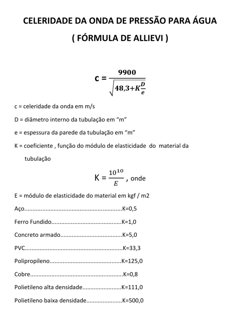14-CELERIDADE DA ONDA PARA ÁGUA-FÓRMULA DE ALLIEVI