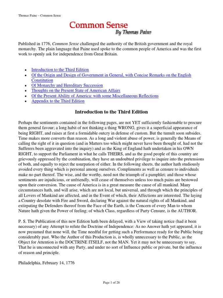 Thomas Paine - Common Sense, 1776 | PDF | Common Sense | Monarchy