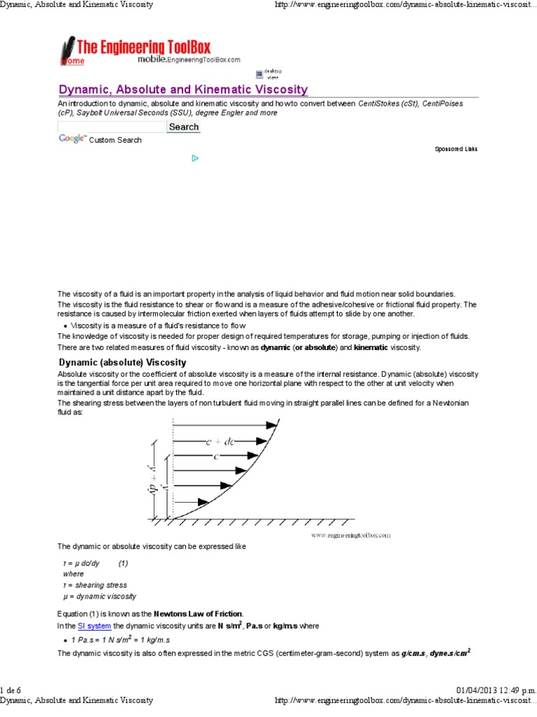 Dynamic, Absolute and Kinematic Viscosity | PDF | Viscosity | Shear Stress