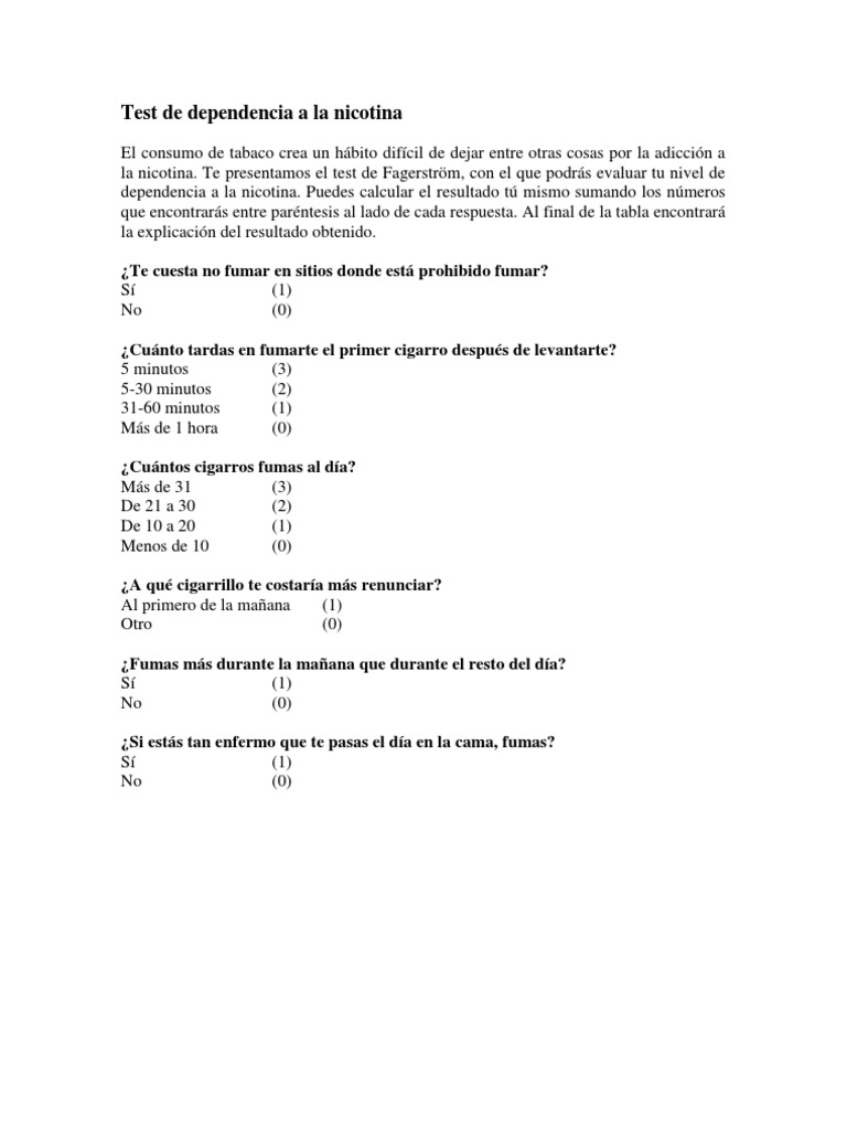 Test Adicción A La Nicotina | PDF | Fumar tabaco | Adicción