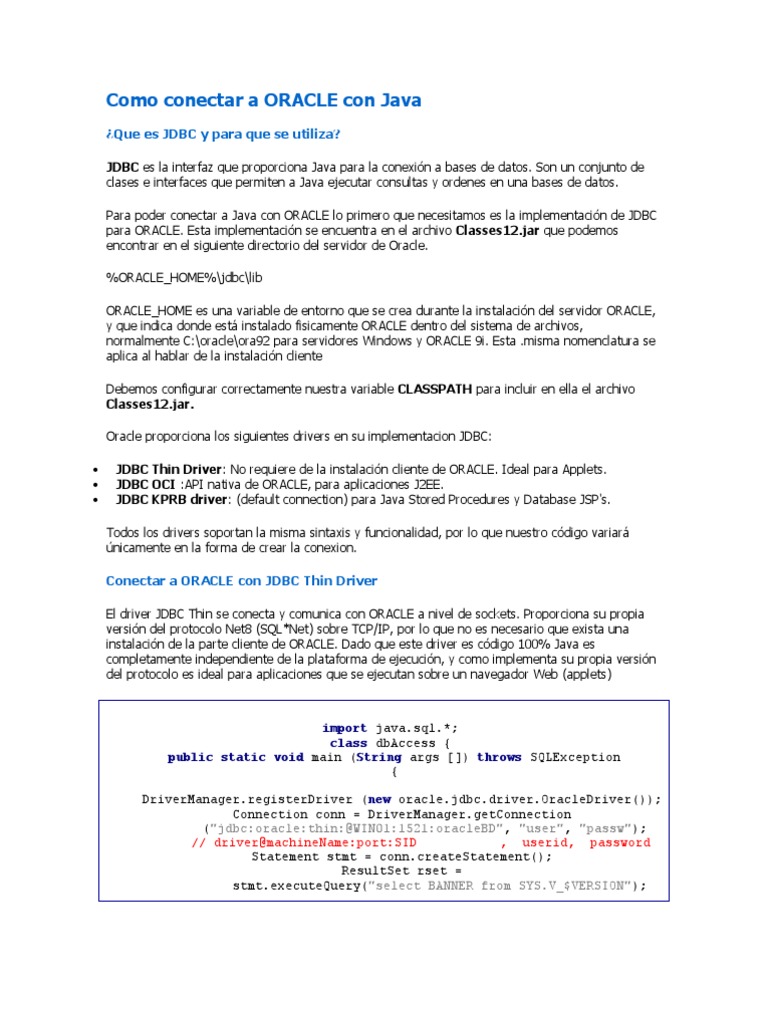 Como Conectar A Oracle Con Java Pdf Java Lenguaje De Programación Oracle Corporation