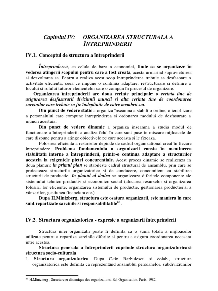Capitolul IV: Organizarea Structurala A Întreprinderii | PDF