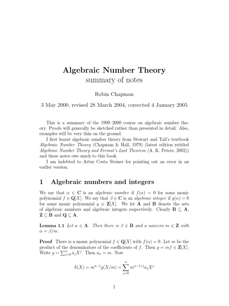 Algebraic Number Theory Summary of Notes: 1 Algebraic Numbers and ...
