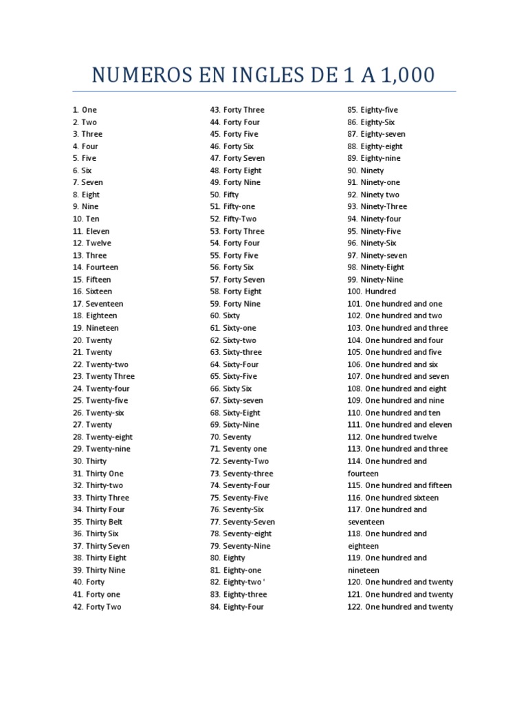 Numeros Ingles 1 Al 1000