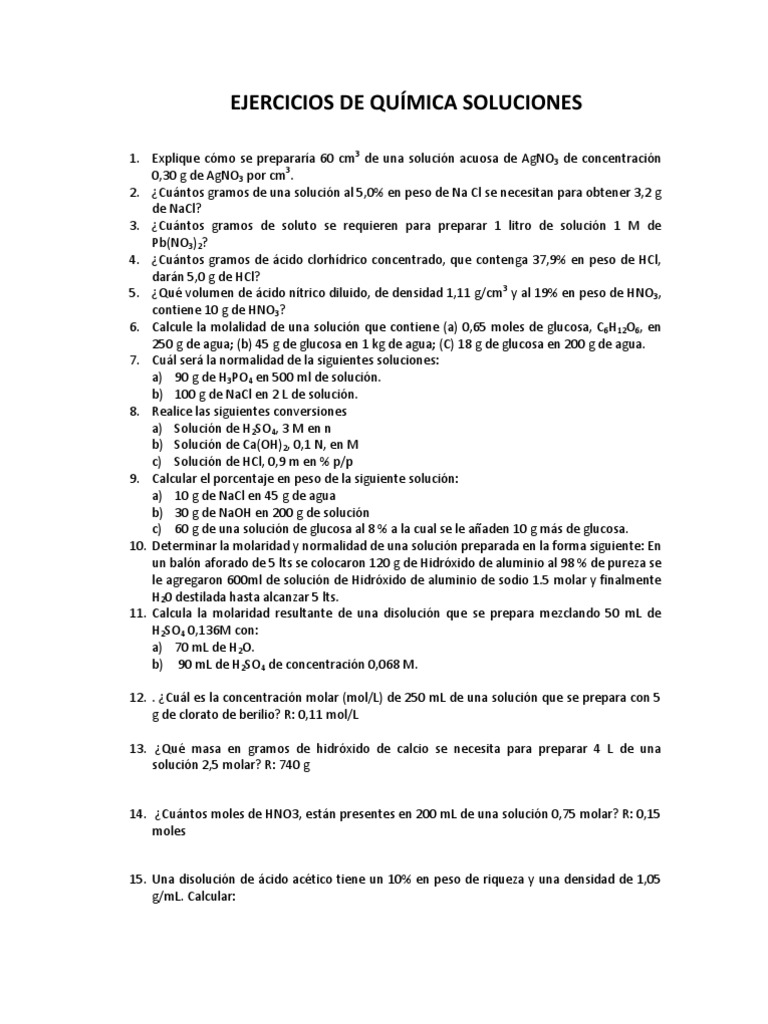 Ejercicios de Química: Soluciones y Concentraciones | PDF | Ácido ...