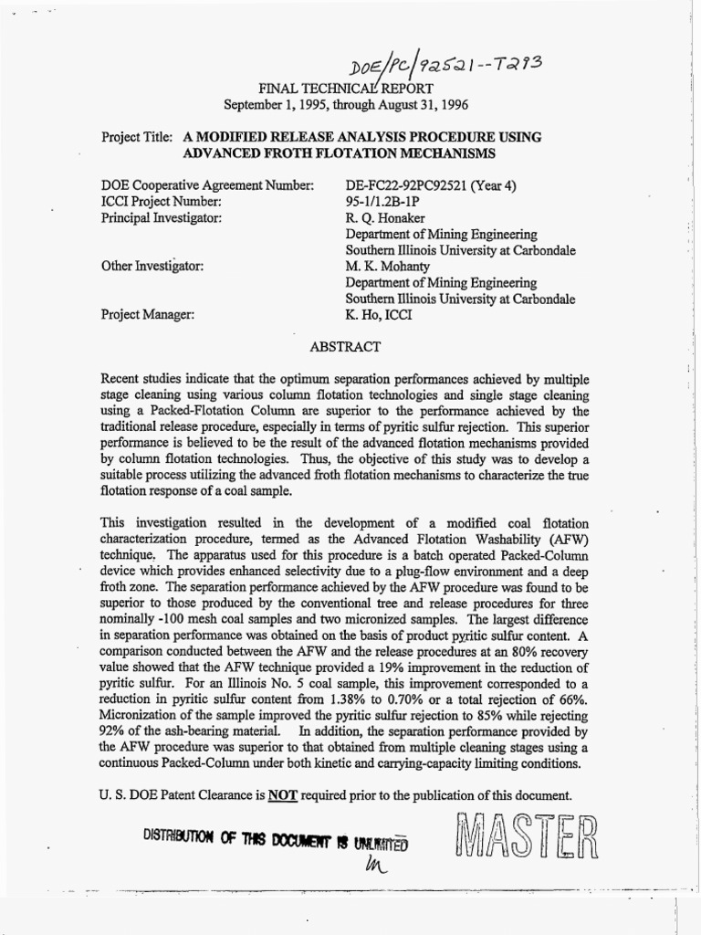 Flotation - Release Analysis | PDF | Experiment | Coal