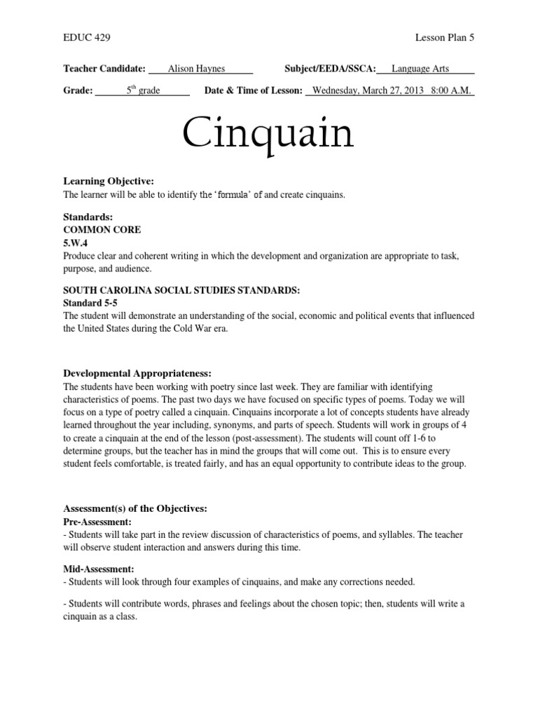 Lesson Plan 5 Cinquain | PDF | Lesson Plan | Teaching