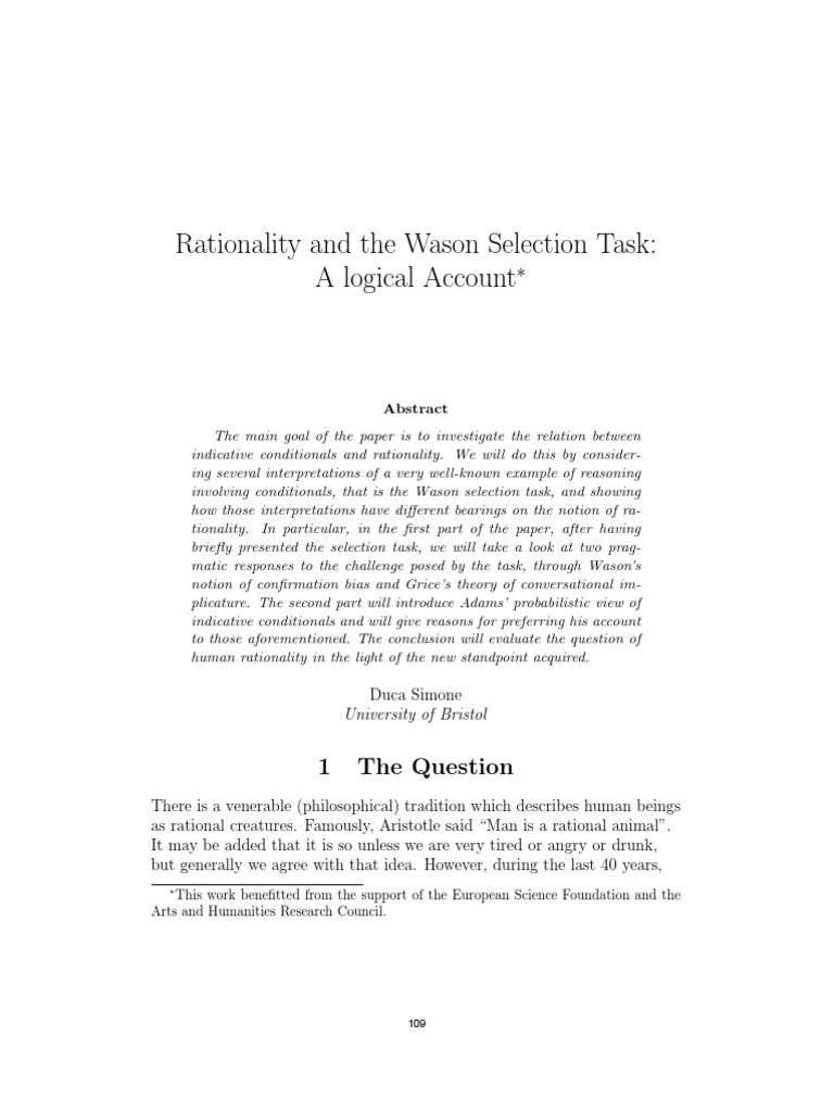 Rationality and The Wason Selection Task: A Logical Account | PDF | Argument | Validity