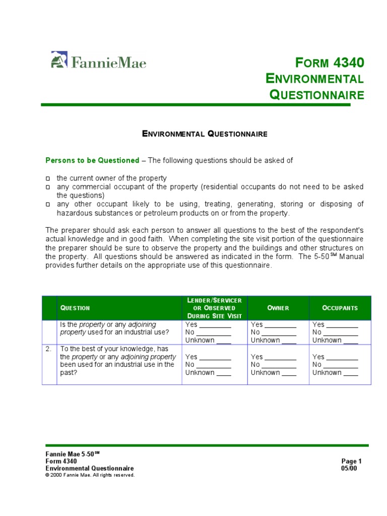 FNMA Form 4340 | PDF | Fannie Mae | Hazardous Waste
