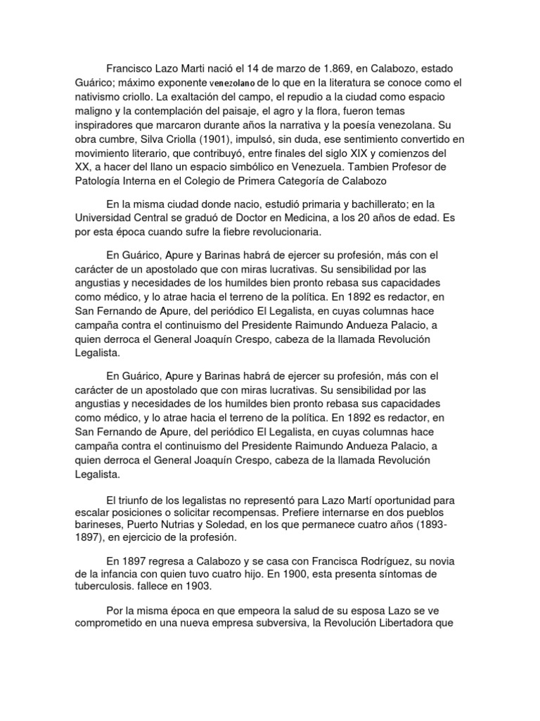 Francisco Lazo Martí: Vida y Legado Literario | PDF | Venezuela | Medicina