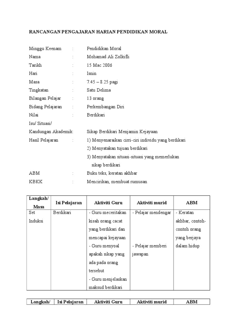 Contoh RPH Pendidikan Moral | PDF