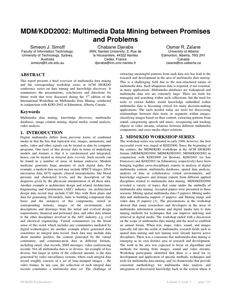 MDM/KDD2002: Multimedia Data Mining Between Promises and Problems | PDF | Data Mining | Multimedia