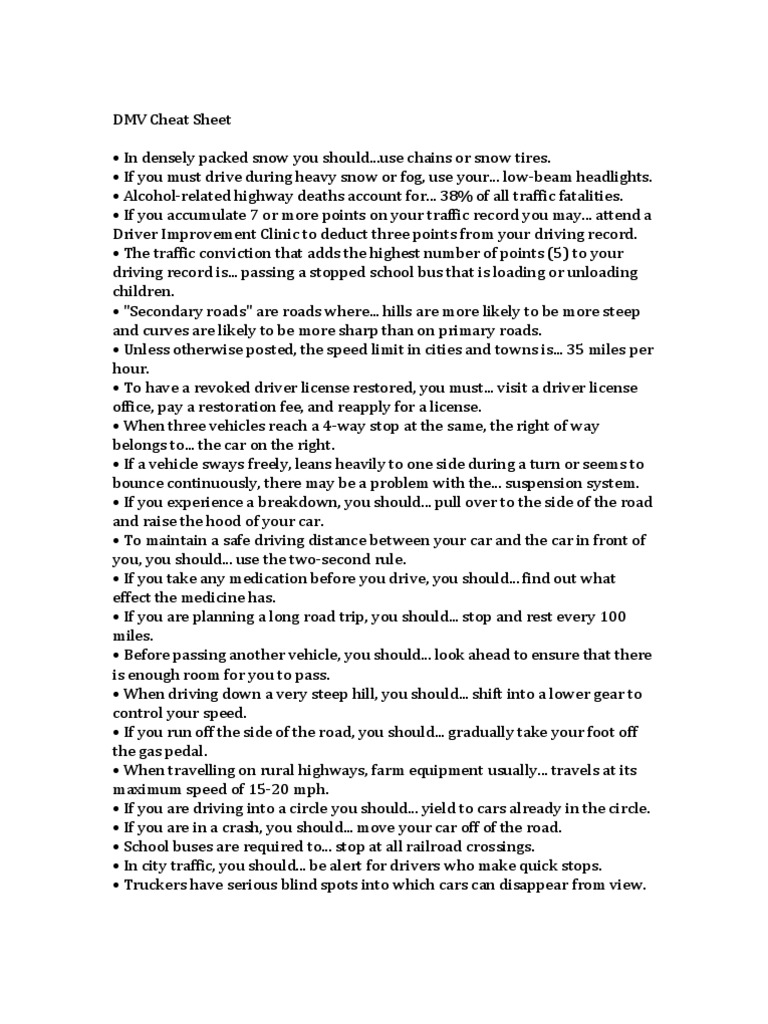 DMV Cheat Sheet | Traffic | Driving