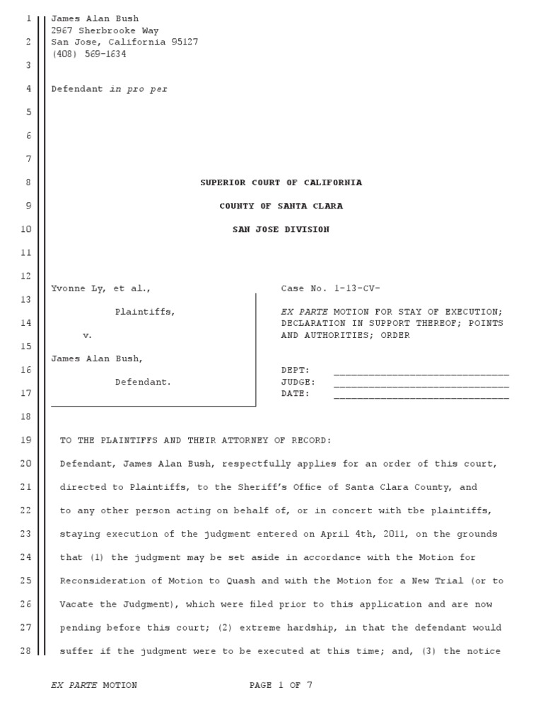 Ex Parte Motion to Stay Execution | Ex Parte | Leasehold Estate