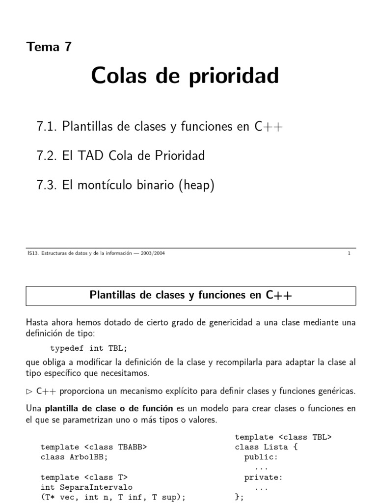 Colas de Prioridad en C++: Plantillas y TAD | PDF | C ++ | Cola (tipo ...