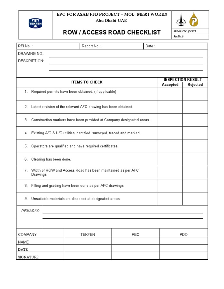 Row / Access Road Checklist: Epc For Asab FFD Project - Mol Me&I Works ... Row / Access Road Checklist: Epc For Asab FFD Project - Mol Me&I Works ...