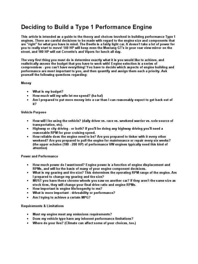 Deciding To Build A Type 1 Performance Engine | PDF | Cylinder (Engine ...