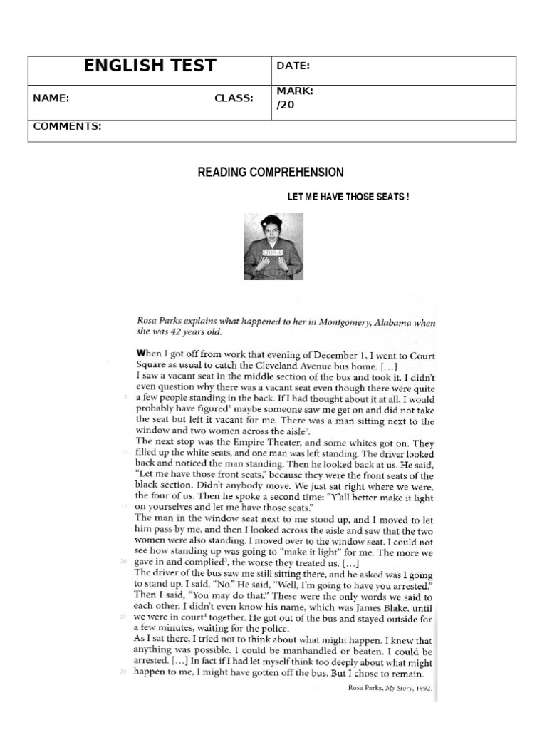 READING TESTlet Me Have Those Seats TEACHER | PDF | Rosa Parks
