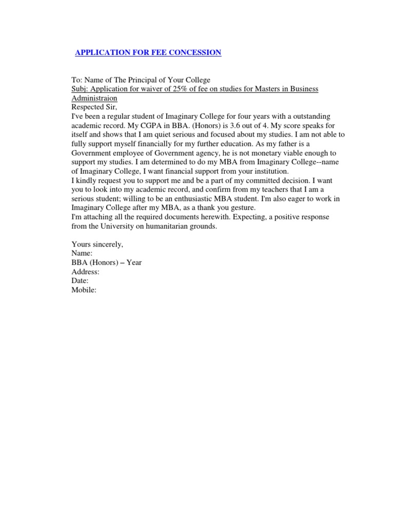 Application For Fee Concession | PDF | Master Of Business Administration | Economies