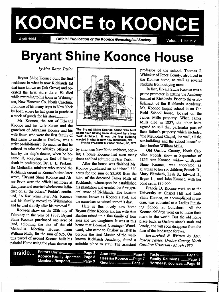 Koonce To Koonce Newsletter - Vol 1, No. 2 | PDF