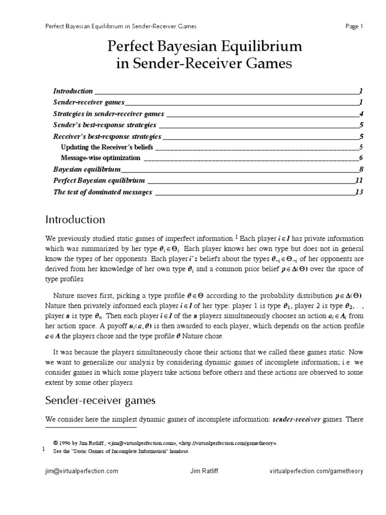 Perfect Bayesian Equilibrium in Sender-Receiver Games | PDF | Bayesian Inference | Economics Of ...