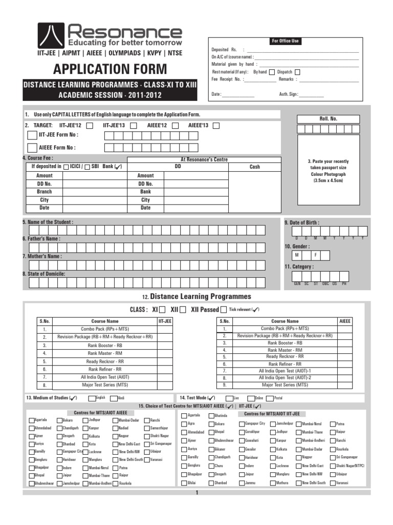 Application Form: Distance Learning Programmes - Class-Xi To Xiii ...