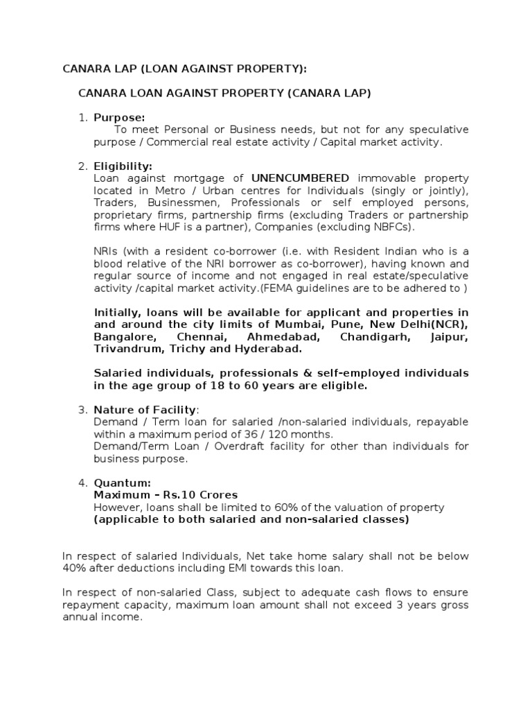 Salient Features of Canara Lap (Loan Against Property) | PDF | Loans ...