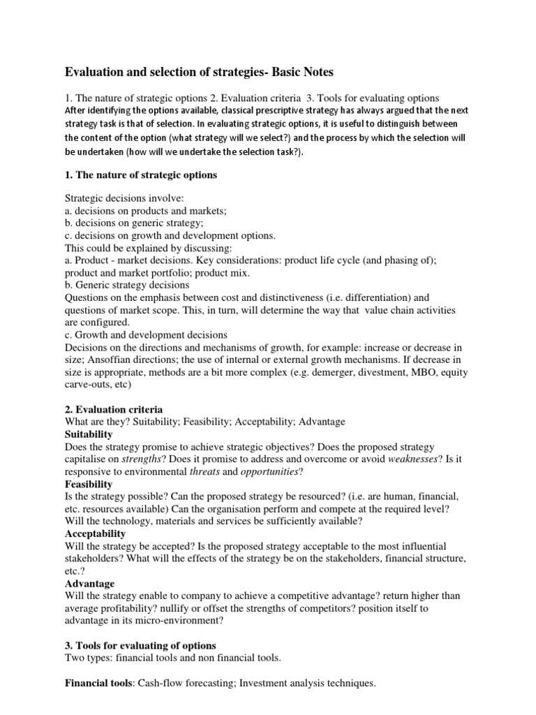 Evaluation and Selection of Strategies Revision Notes | PDF | Strategic ...