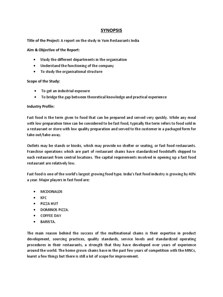 SYNOPSIS- format.docx | Fast Food | Fast Food Restaurants