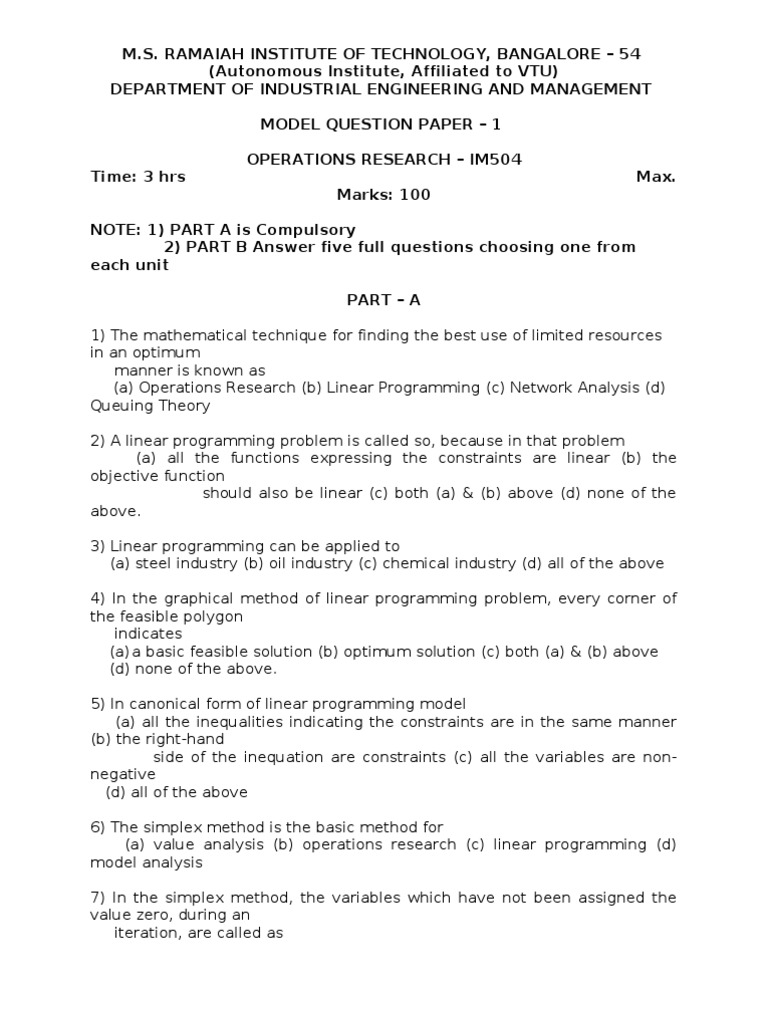 Model Question Paper - I - or - 5TH SEM | PDF | Linear Programming ...