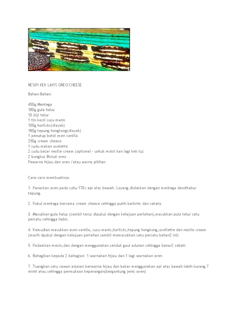 Resipi Kek Lapis Oreo Cheese | PDF | Memasak, Makanan, & Anggur | Griya ...