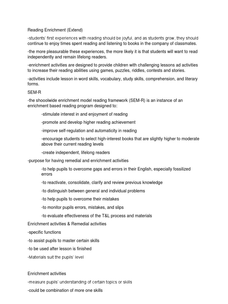 Reading Enrichment | PDF | Reading (Process) | Reading Comprehension