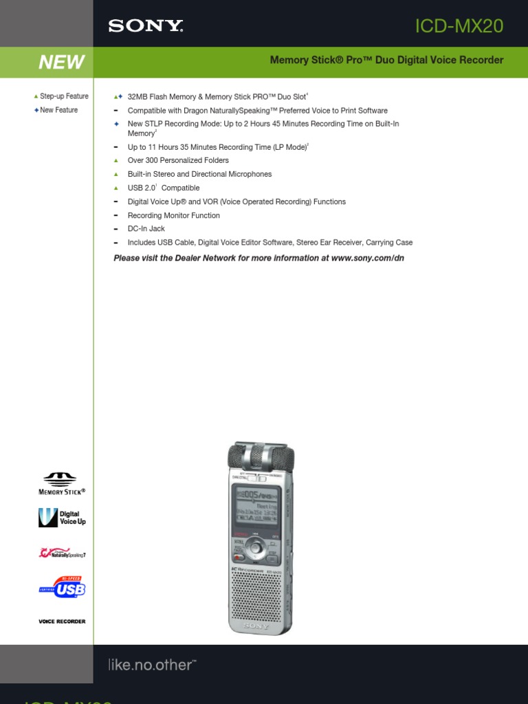 ICD-MX20: Memory Stick® Pro™ Duo Digital Voice Recorder | PDF | Usb ...