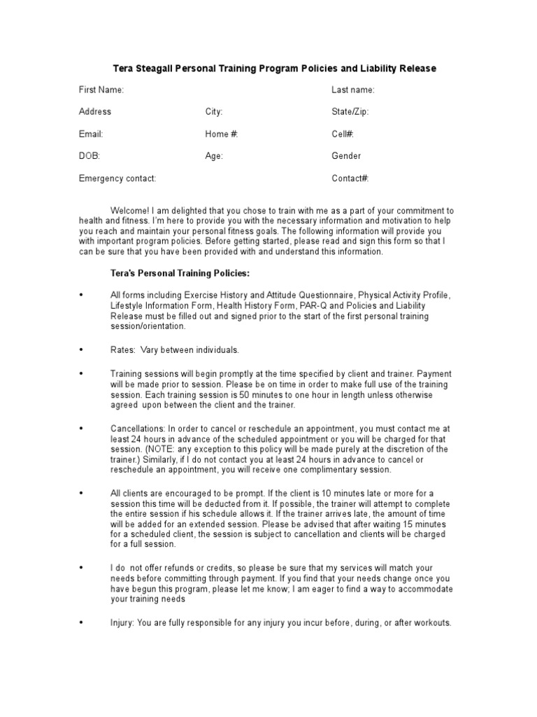 Tera Steagall Personal Training Program Policies and Liability Release ...