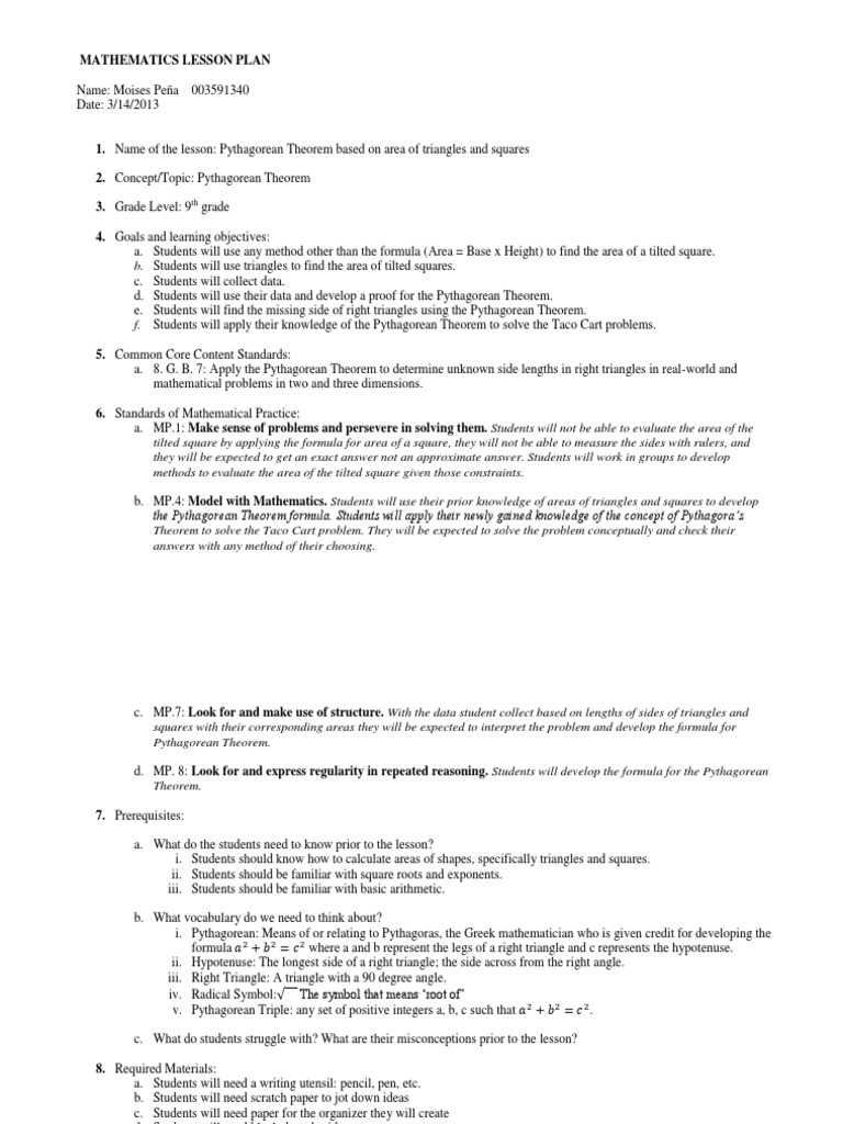Lesson Plan Pythagorean Theorem | PDF | Mathematical Proof | Triangle
