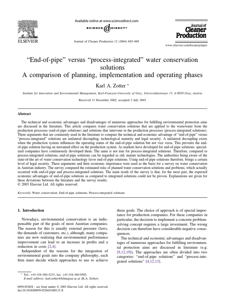 "End-Of-Pipe" Versus "Process-Integrated" Water Conservation | PDF